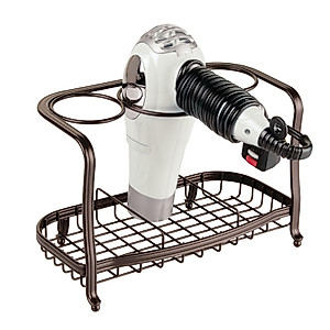 mDesign Metal Hair Care & Styling Tool Organizer Holder - 3 Sections - Bathroom Vanity Countertop Storage for Hair Dryer, Flat Irons, Curling Wands, Hair Straighteners - Bronze