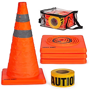 Multipurpose 4-Pack Traffic Cones 18 Inch Plus 1,000 Ft Yellow Caution Tape - Collapsible Pop-Up Safety Cones with Bright Reflective Collars - Ideal Orange Cones for Parking Lot, Driving & Training