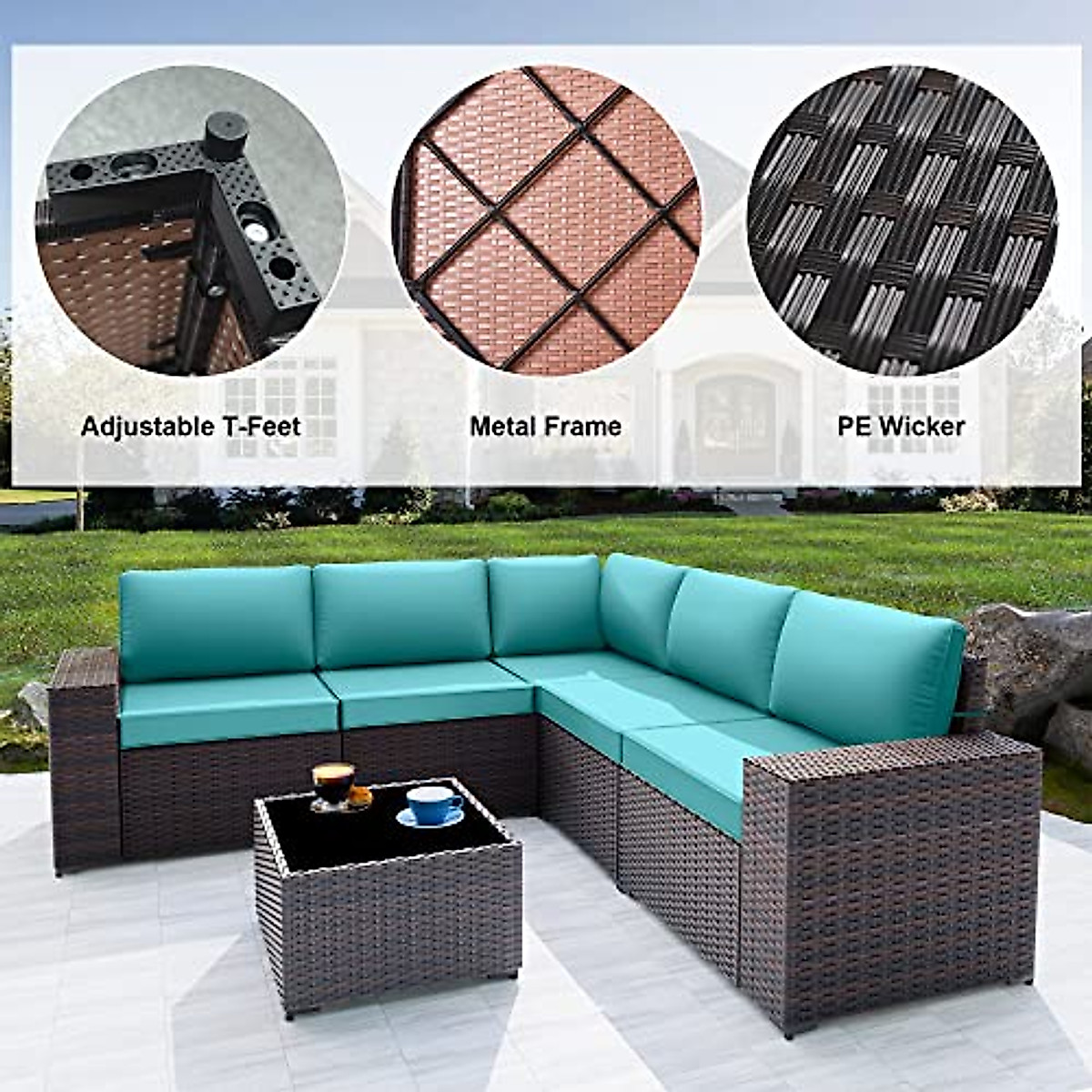 Piltwoff 2023 New 6 Pieces Outdoor Patio Conversation Sets, Modern All-Weather Outdoor Patio Furniture Sets with 5 Chairs, Coffee Table, Cushion Sets for Garden/Backyard/Balcony