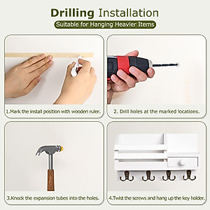 HOMEBROS Key Mail Holder for Wall, White Wooden Key Mail Organizer with Drawer Wall Mount Key Rack with Shelf Key Storage Hanger with 8 Key Hooks for Entryway Hallway 2 Installation Methods