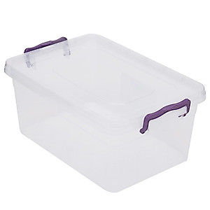 Home Basics Plastic Storage Box with Locking Lid, Clear | Durable Latches for Secure Closure | Purple Handles (7.5 liter)