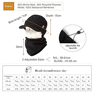 TOP-EX Waterproof Winter Wool Knit Hat with Visor, Mens Brim Beanie & Scarf Set, Women Cold Weather Skull Stocking Cap Fleece Lined & Neck Cover Black,X-large XL XXL XXXL Extra Large Big Head Oversize