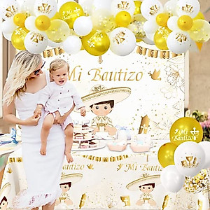 57Pcs Mi Bautizo Banner Backdrop Balloons Arch Garland Tablecloth Kit for He God Bless Baby Boy Baptism Party Decorations First Communion Decor Christening Celebration Accessories Gender Photo Background