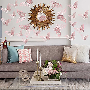3D Butterfly Wall Decals, 48pcs 3 Sizes 3D Butterfly Wall Stickers Butterfly Wall Decor Decal Removable Mural for Bedroom Living Room Nursery Classroom Offices Wedding Party Cake Decoration(Rose Gold)