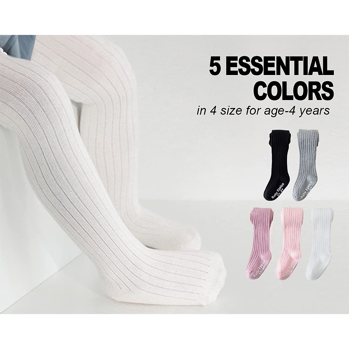 EPEIUS Baby Tights Baby Girls Non-Slip Ribbed Leggings Toddlers Girls Seamless Cotton Stockings Pantyhose Footed Tights 12-24 Months Black White Light Grey Pink 5 Pack M