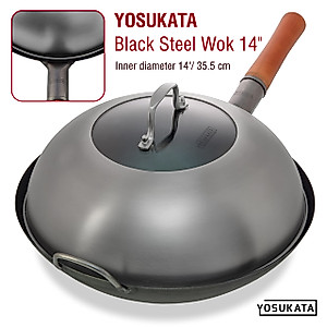 YOSUKATA Wok Lid 13.6 Inch - Premium Stainless Wok Cover with Tempered Glass Insert Steam Holes - Dishwasher-Safe Lid for 14-Inch Wok - Chees Melting Dome for Griddle