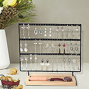 sovia Earring Organizer 3-Tier 75 Holes Jewelry Organizer Display Stand,Metal Earring Holder with Wood Basic stand,Necklace holder Storage Tray for Ring,Earrings,Ear Stud,Bracelets(Black)