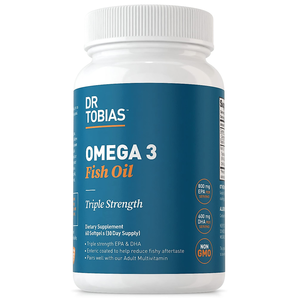 Dr. Tobias Omega 3 Fish Oil, 2000mg Triple Strength Omega 3 Supplement with 800mg EPA 600mg DHA Per Serving, Fish Oil Omega 3 Supplements for Heart, Brain & Immune Support, 60 Softgels, 30 Servings