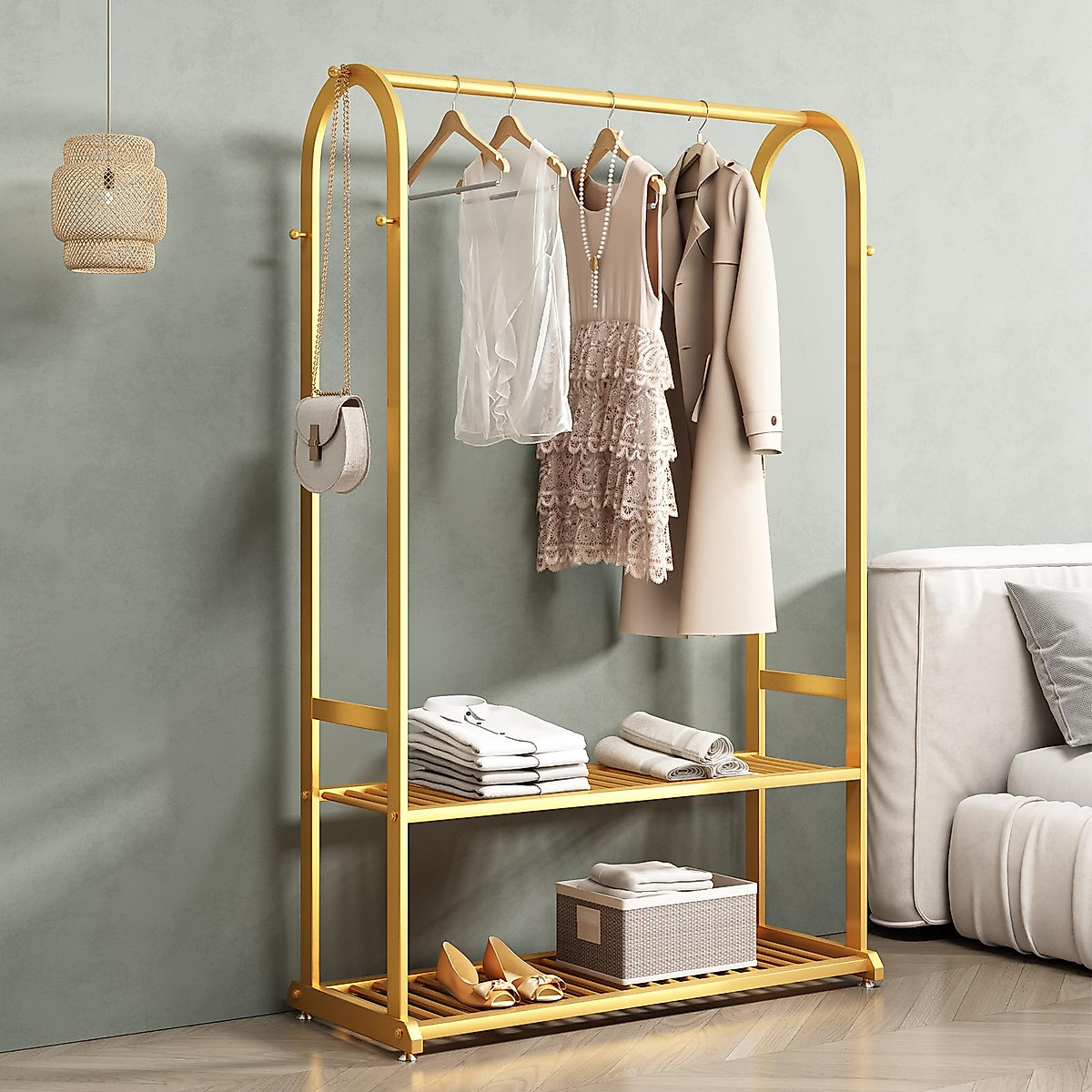 BUZUEY Gold clothing rack,Heavy duty clothes rack,Small clothing racks for hanging clothes,Wardrobe Rack,rack for clothes to hang,garment rack with bottom shelves,hanging racks for clothes(L:31.5in)