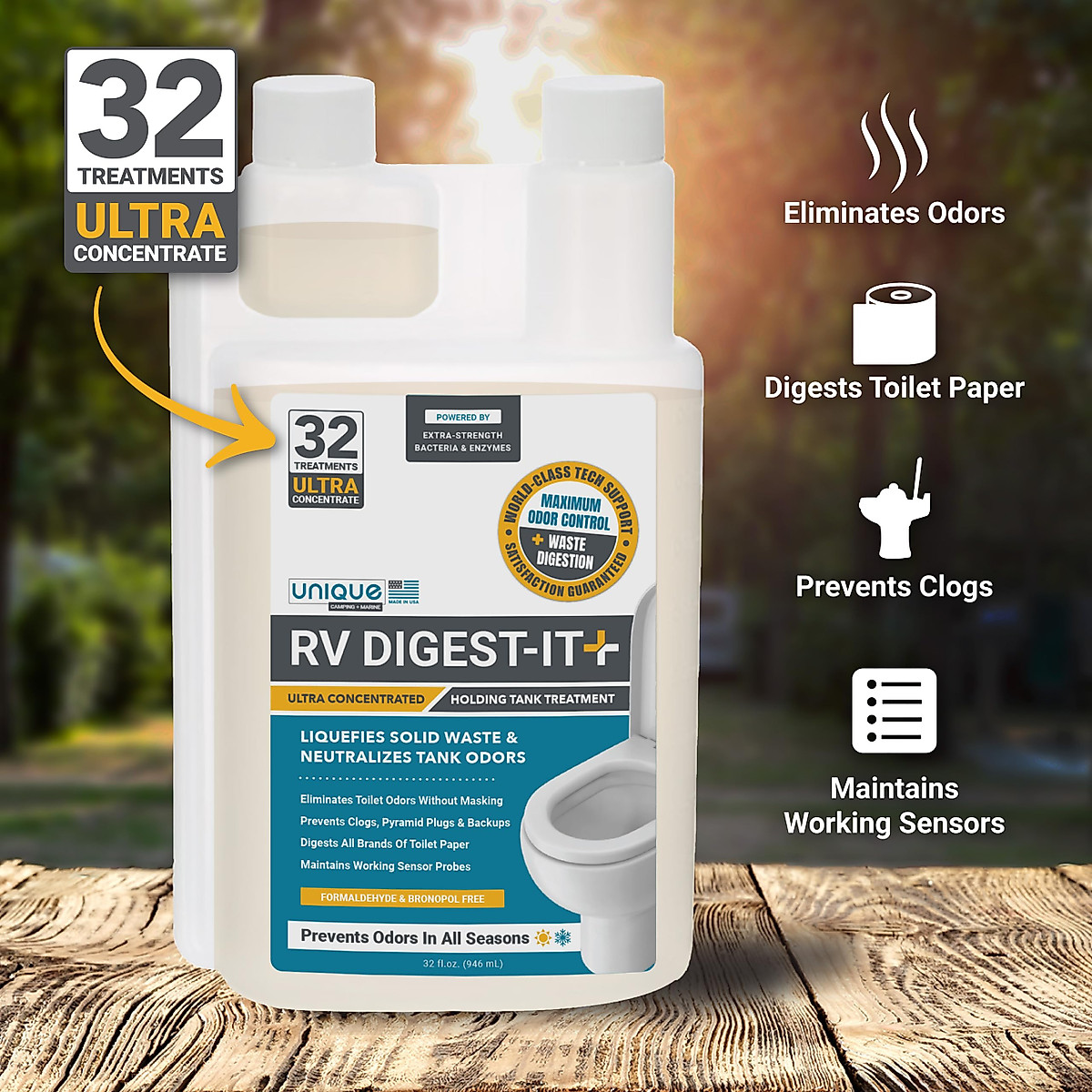 Unique RV Digest-It+ Extra-Strength Ultra-Concentrate - 32 RV Toilet Treatments - Eliminates Smells and Liquifies Waste (32 oz)