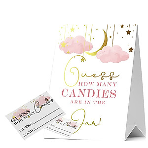 Guess How Many Candies Baby Shower Games, Pack of 1 Logo and 50 Cards, Golden Star and Moon, Pink Cloud, Baby Shower Signs, Baby Shower Invitation Set, Bridal Shower Sign, Gender Reveal - JRM309