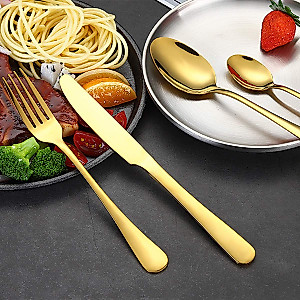 Gold Silverware Set with Box, 24-Piece Stainless Steel Gold Flatware Housewarming Cutlery Gift Set, Kitchen Utensils Knife Fork Spoon Dinnerware Tableware Kit Mirror Finish, Smooth Edge, Service for 6