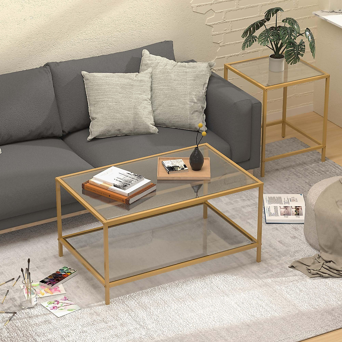 Coffee Table Set of 2,Gold Glass Nesting Coffee Side End Table,Square Modern Center Table for Living Room,Bedroom and Small Spaces,Tempered Glass-top with Sturdy Metal Frame, Easy Assembly