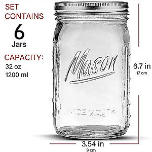 Bedoo 6 Pack 32 oz Mason Jars with Wide Mouth Airtight Lids and Bands, Clear Quart Mason Jars for Preserving, Meal Prep, Overnight Oats, Canning, Fermenting, Pickling, Party Favors