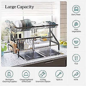 SONGMICS Over The Sink Dish Drying Rack with Adjustable Length (34-39.4 Inches), 2 Tier Kitchen Sink Rack, Space Saving Dish Drainer Organizer for Countertop, Black UKCS023B01