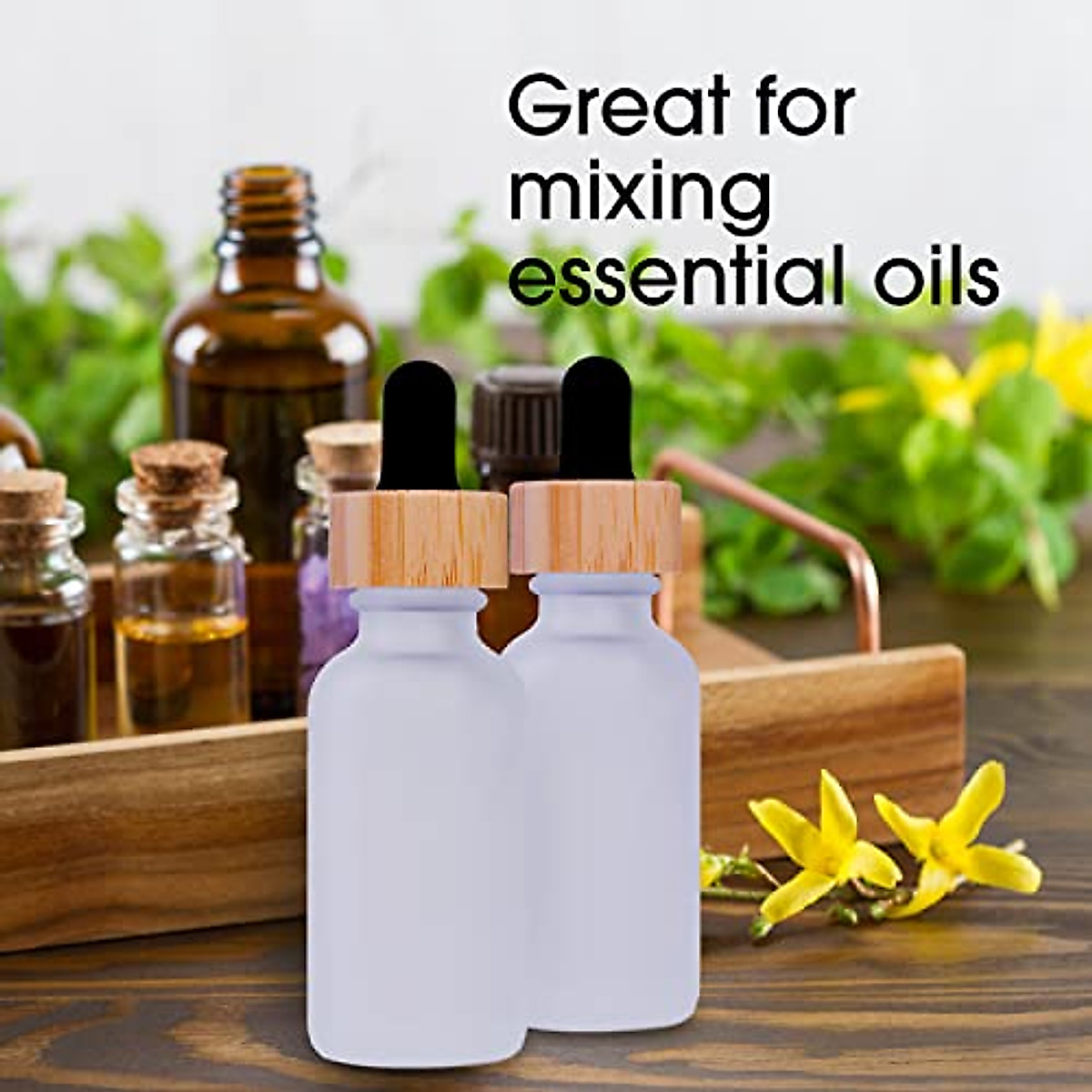 Focus Nutrition 12 Pack Clear Frosted Boston Round Essential Oils Aromatherapy Glass Bottles Jar With Black Bamboo Eye dropper cap, 1oz