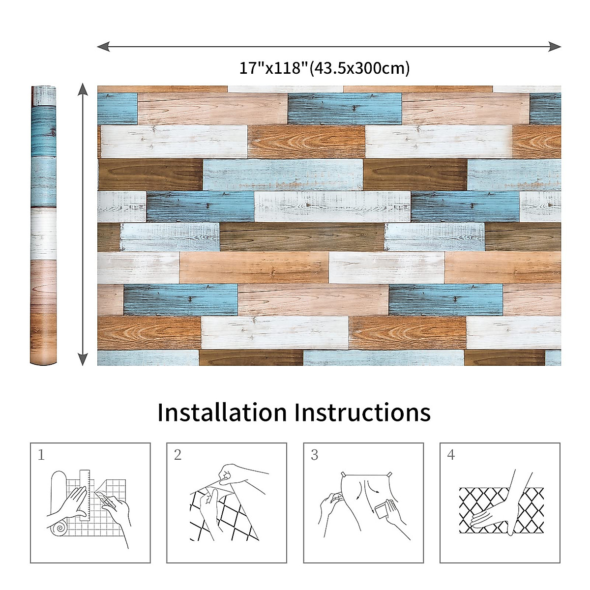 YAMANGU Wood Peel and Stick Wallpaper,Shiplap Wallpaper Blue Distressed, Wall Paper for Living Room, Bedroom, Cabinets, Home Decoration, Brown White Grey Colorful Wood Grain Contact Paper