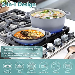 TeamFar 5 Quart Enameled Cast Iron Dutch Oven, 2-In-1 Dutch Oven Pot Cookware with Skillet Lid for Bread Baking Braising Stewing Roasting, Sturdy & Nonstick, Oven Safe & Fit for Induction (Grey)
