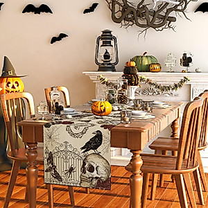 Rvsticty Linen Retro Halloween Table Runner Halloween Gothic Skull Tablecloth Day of The Dead Roses Skull Decor Halloween Decorations and Supplies for Home Kitchen Table-13×72’’