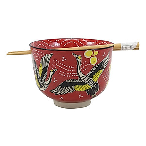 Ebros Gift Red Sky Flying Crane Ramen Udong Noodles 5" Diameter Bowl With Built In Chopsticks Rest and Bamboo Chopstick Set for Dining Soup Rice Meal Cereal Bowls Decor Kitchen Asian Fusion
