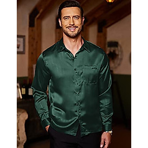 COOFANDY Men's Luxury Dress Shirts Long Sleeve Satin Silk Like Button Down Shirt Party Weddding Prom Army Green, Medium