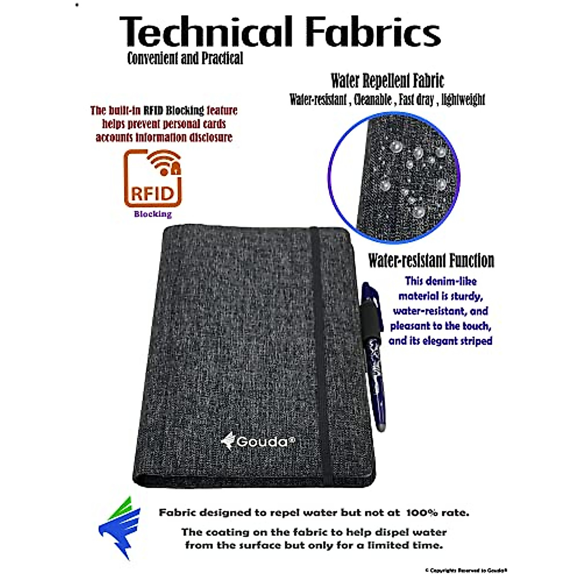 Gouda Bifold Portfolio Notebook Cover , Portfolio Organizer with Pen Loop , Large , Meduim and Small Pockets , Business Card Holder with RFID Blocking Feature , Ribbon Bookmark , Leather Water-resistante Fabric Case , for Smart Reusable Notebook Planner ,