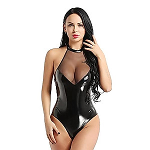 Sexy Lingerie For Women Women'S Latex Swimsuits Wetlook Leather Swimwear Mesh Patchwork High Cut Bodysuit Gymnastics Le Black