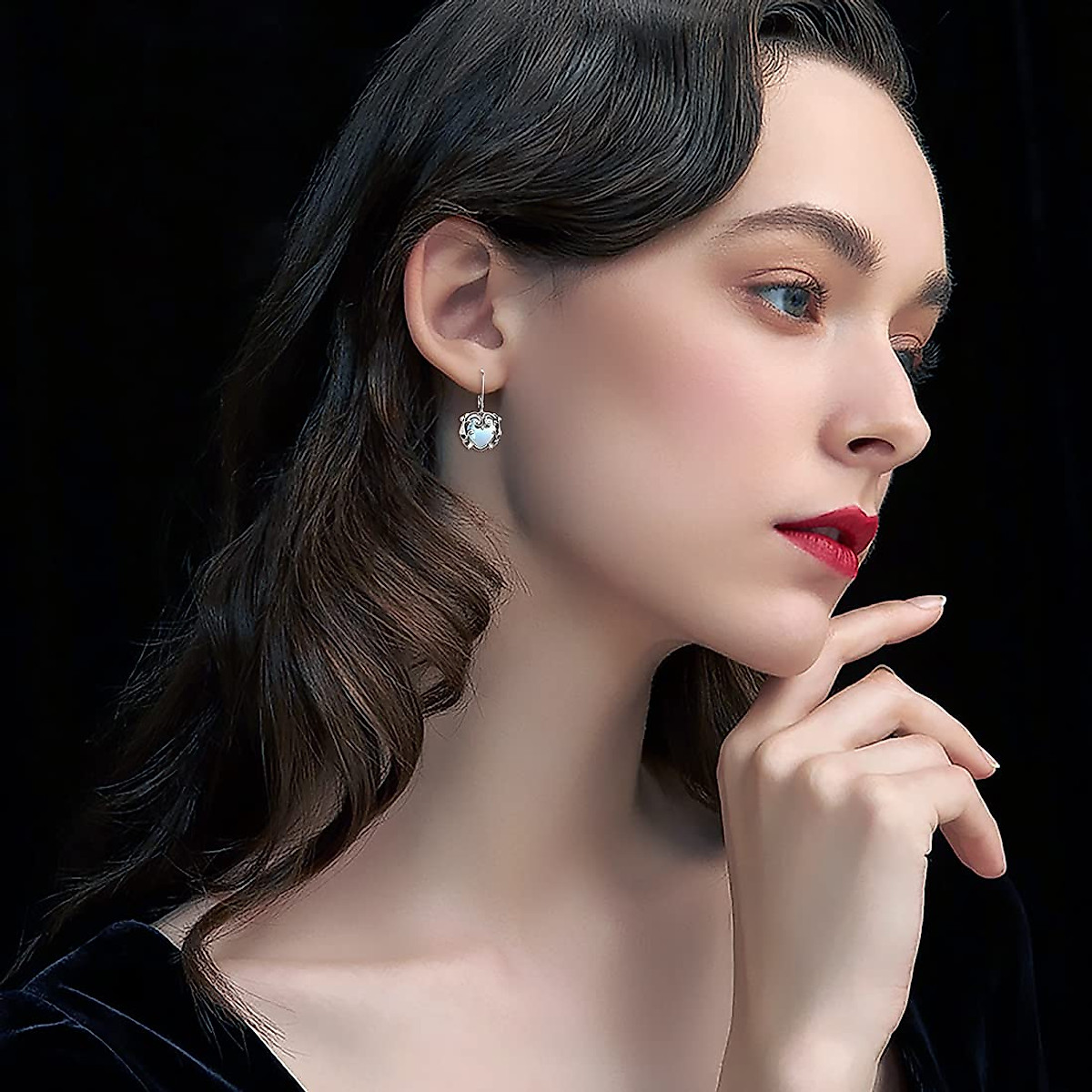 Heart Gothic Skull Head Dangle Earrings for Women S925 Sterling Silver Punk Dangling Earrings with Synthetic Moonstone Halloween Jewelry Gifts