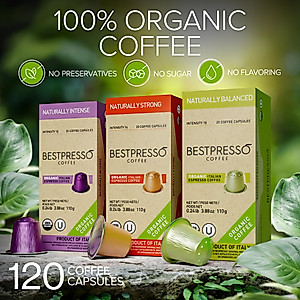 Organic USDA Bestpresso Coffee Aluminum Espresso Pods For Nespresso Original Machine 120 Pack (Variety Pack)
