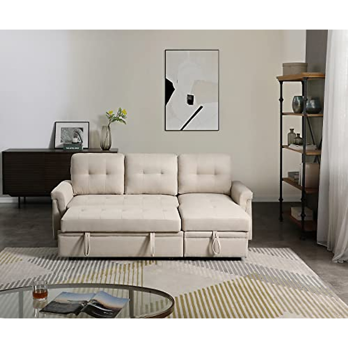 uhome Upholstered Sleeper Sofa with USB Ports sectional Couch Reversible Sofabed, Full XL, Beige