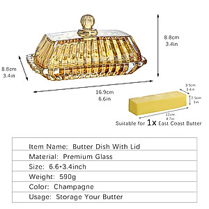 Champagne Covered Butter Dish for Countertop 6.5inch Glass Butter Dish With Lid Elegant Butter Keeper Container For Kitchen Dining Table Decor