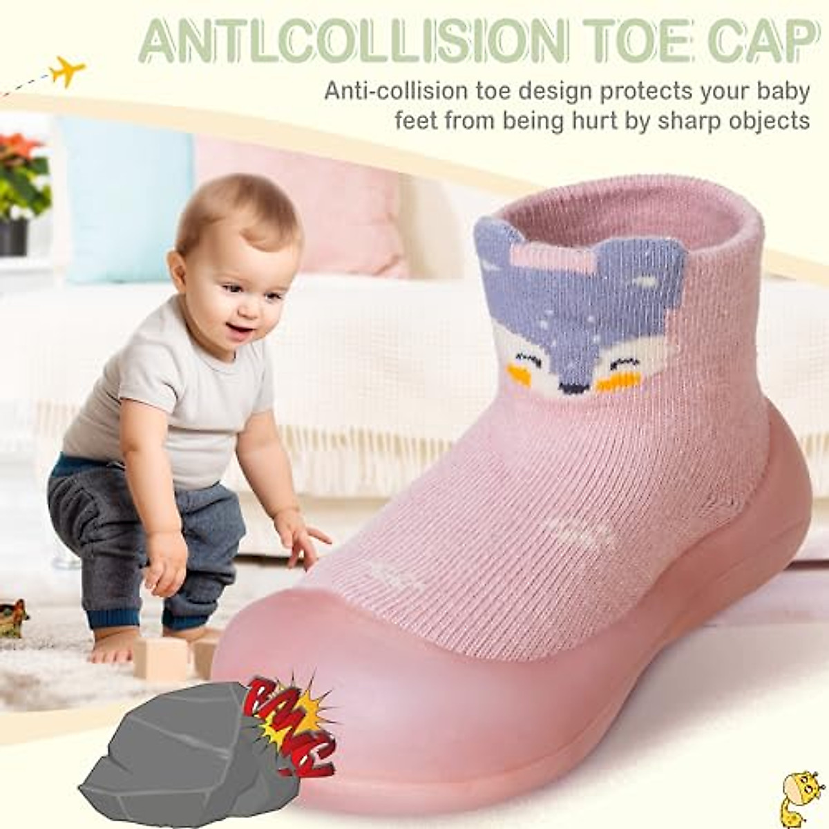 SeeyAN Baby Shoes First Walking Shoes Toddler Boys Girls Non Slip Rubber Sole Cartoon Slippers For Infant Indoor Baby Sock Shoes (Pink Fox, 6-12 Months)