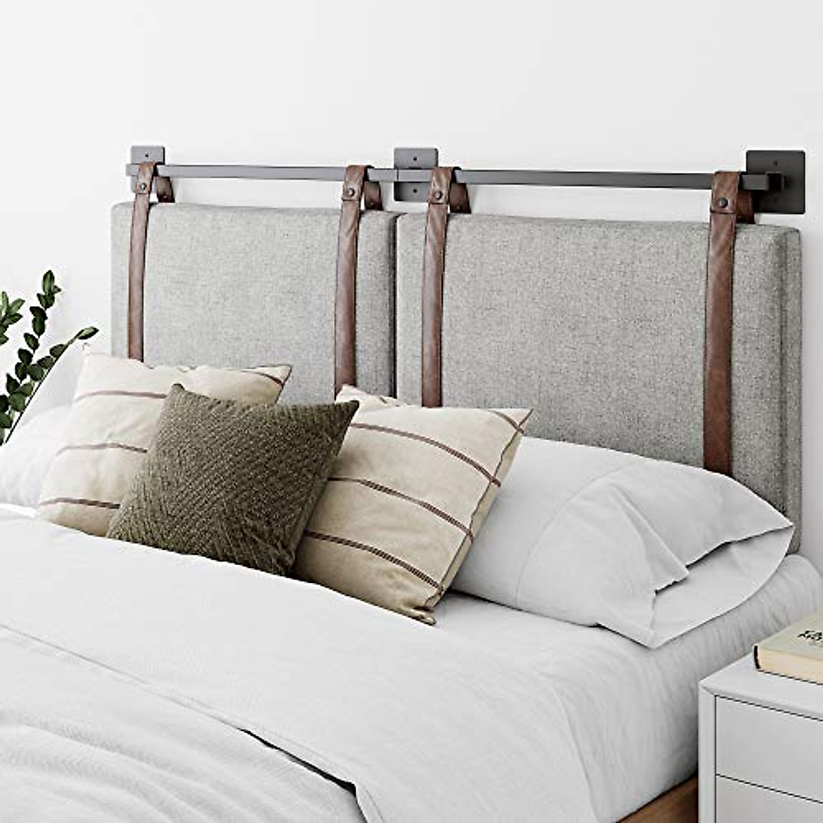 Nathan James Harlow Modern Wall Mount Hanging Upholstered Headboard, King, Gray with Brown Faux Leather Straps