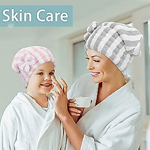 Unaikoo 2 Pack Microfiber Hair Drying Towels, Super Absorbent Turban Hair Towel Cap, Quick Dry Head wrap with Bow-Knot Shower Cap for for Curly, Long, Thick Hair & Wet Hair (Purple & Grey)