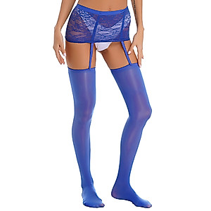 Oyolan Sexy Mini Skirt Lingerie for Women Sexy See Through Lace Skirt with Garter Belt Stockings Royal Blue Large