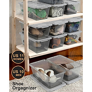 EOENVIVS 12 Packs Clear Storage Bins with Lids Stackable Shoe Boxes Storage Box with Lids For Organization, Clear Plastic Storage Containers For Closet Home Office, Smoky Grey