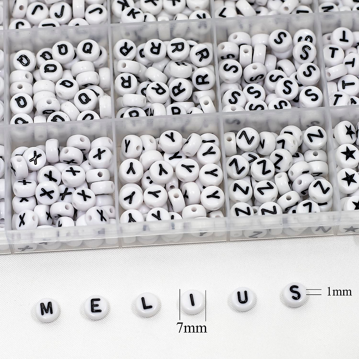 Melius Acrylic Letter Beads, 1450 Pcs 4x7mm Round Alphabet Beads in 28 Grid Box for Jewelry Making, DIY Bracelets, Necklaces, Key Chains, Bracelets (4x7mm, White)
