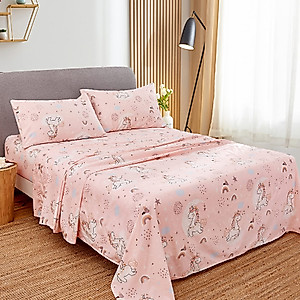 JSD Pink Unicorn Kids Sheet Set Twin Size, 3 Piece Girls Rainbow Printed Microfiber Bed Sheets Deep Pocket