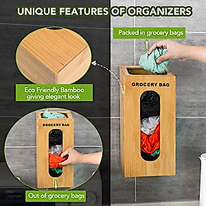 Grocery Bag Dispenser Plastic Bag Holders for Grocery Bags - Bamboo Trash Bag Dispenser, Can Hold 50-60 Used Shopping Bags -Grocery Bag Storage Organizer for Kitchen - Large Opening & Slot - 5"x7"x15”