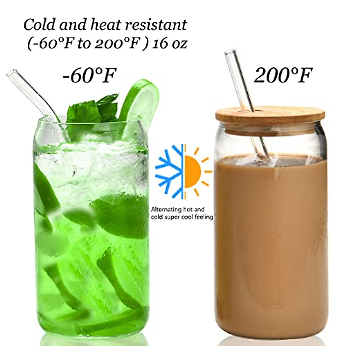 Volpeblu 6 Pack Glass Cups with Lids and Straws, 16 oz Iced Coffee Cup Glass Coffee Cups Drinking Glasses with Bamboo Lids & Glass Straw Beer Drinking Glasses Cute Tumbler for Cocktail, Soda, Water