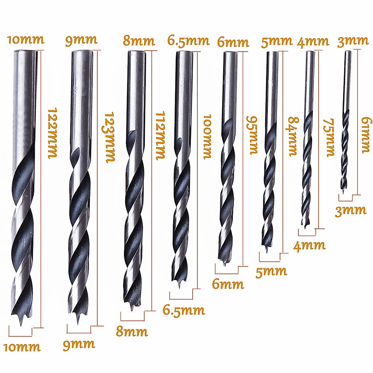 KEWAYO 8PCS Brad Point Drill Bits 3 to 10mm Spiral Twist Wood Drill Bits Set for Soft, Drill Bit Set, Brad Point, Black