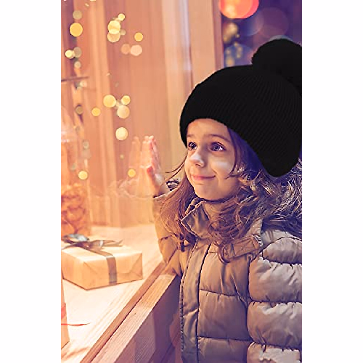 Arctic Paw Kids Beanie Todddler Pom Pom Hat Boys Girls Warm Lined Knit Winter Hat_Black