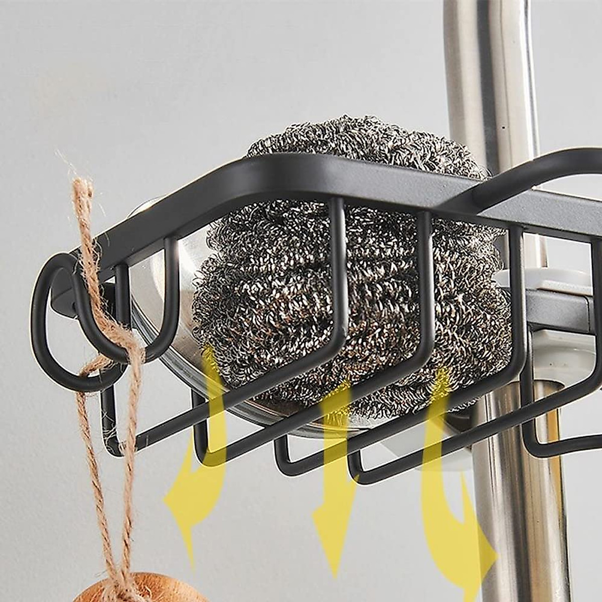 Sponge Holder for Kitchen Sink Faucet Caddy Upgraded Organizer with Dish Towels Drying Rack & Hooks Over Faucet Hanging Faucet Drain Rack for Sink Organizer (Square-with dishcloth rack, Black)