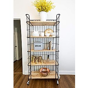 Creative Co-Op 5 Tier Wood Shelves with Metal Frame & Caster Wheels