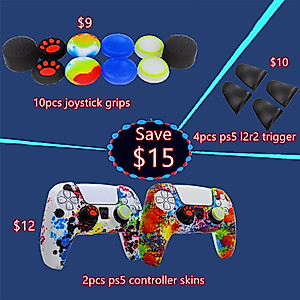 Silicone Skin for Ps5 Controller, 2pcs Anti-Slip Shell Cover Case with 10 Joystick Grips, 2 Pairs L2 R2 for Playsation 5 Controller Wireless Gamepad