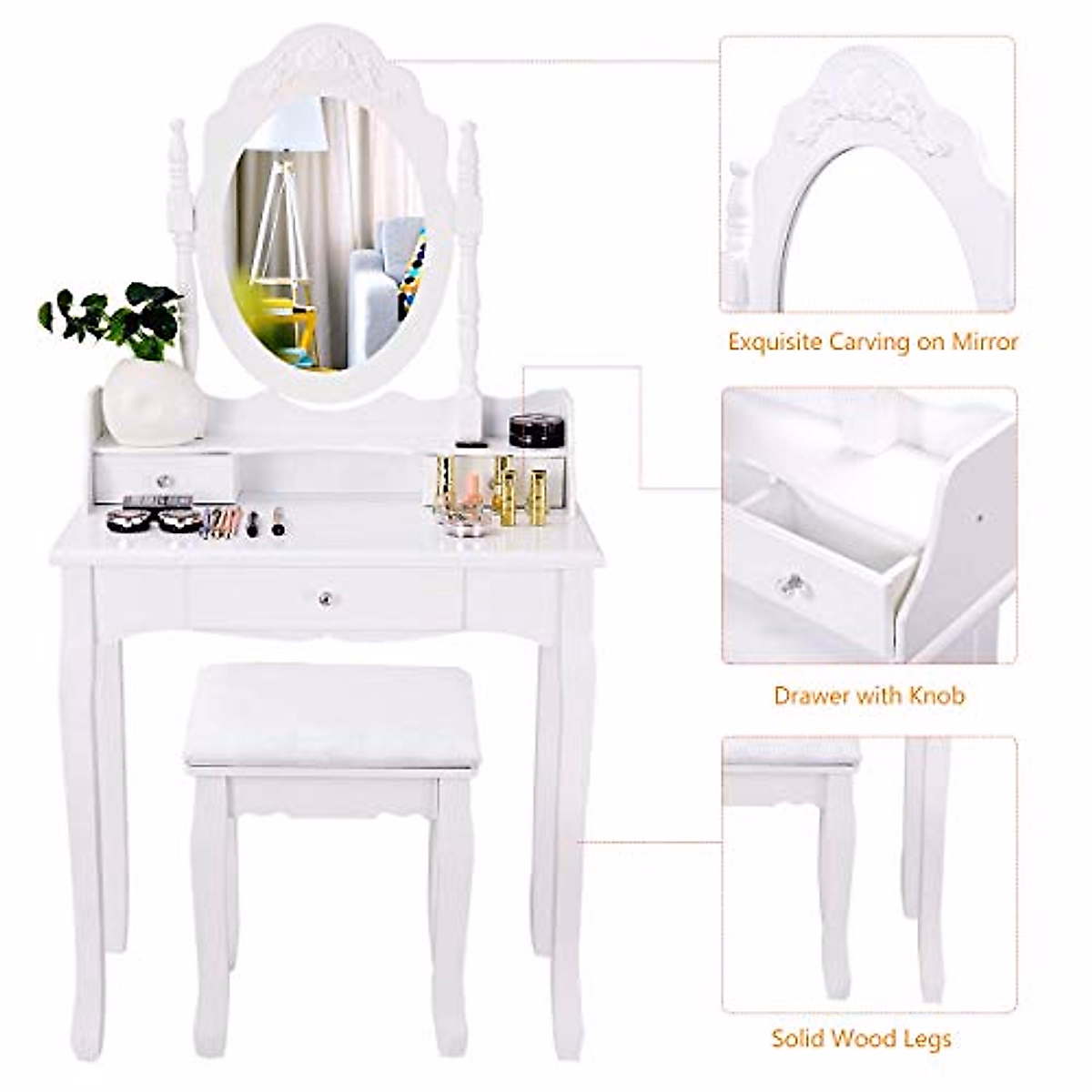 SPSUPE Click Image to Open expanded View Vanity Set with Oval 360° Rotating Mirror, Makeup with3 Storage Drawers, Painted Finish,Removable Top, Wooden Dressing Table, White