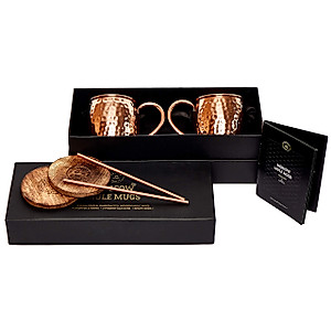 Moscow Mule Copper Mugs Set - 2 Authentic Handcrafted Copper Mugs (16 oz.), 2 Straws, 2 Solid Wood Coasters and Recipe Book - Gift Box Included