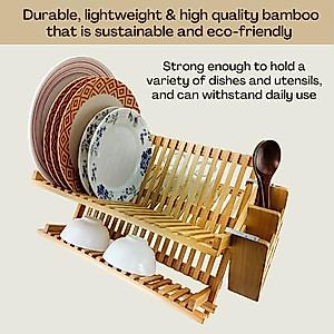 Collapsible Bamboo Dish Drying Rack with Utensil Holder - Convenient Kitchen Storage Solution for Dish Drainer and Messy Countertops