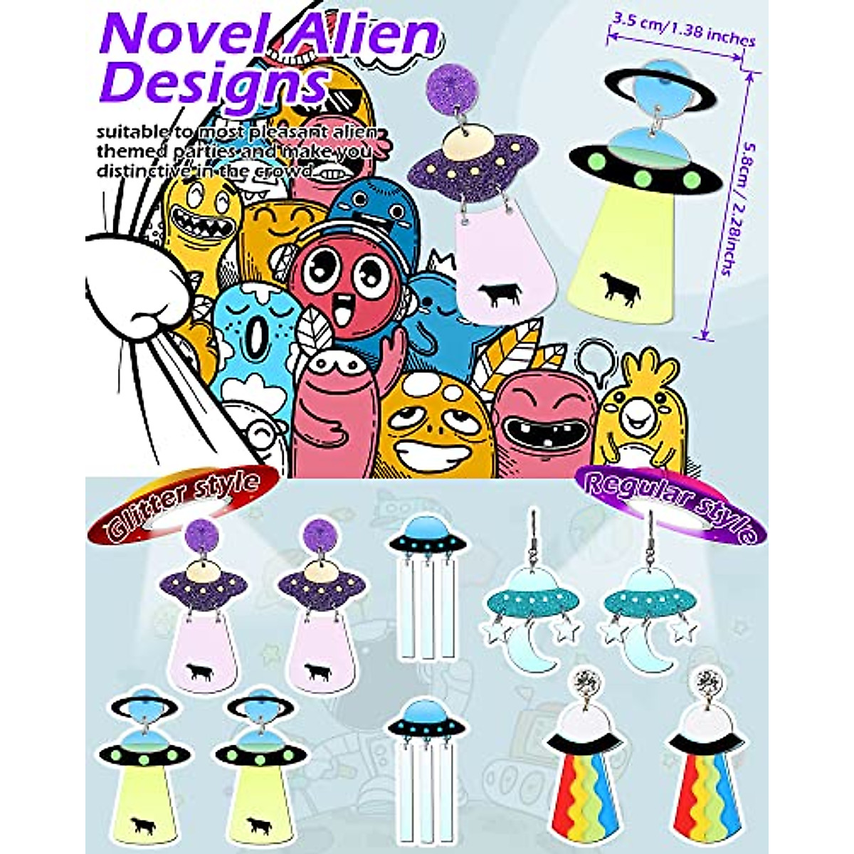 MTLEE 5 Pairs UFO Aliens Acrylic Earrings Cosmos Weird Earrings Women Novelty Fun Earrings Halloween Alien Earrings Glitter Space Earrings Cute Dangle Earrings for Girls, Multiple Colors