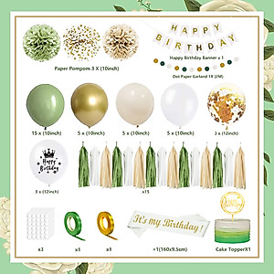 Sage Green Birthday Decorations, Olive Green and White Gold Party Balloons, Happy Birthday Banner, Sash, Circle Dots Garland, Pompoms, Paper Tassels for Women Men Girls Boys Birthday Decor